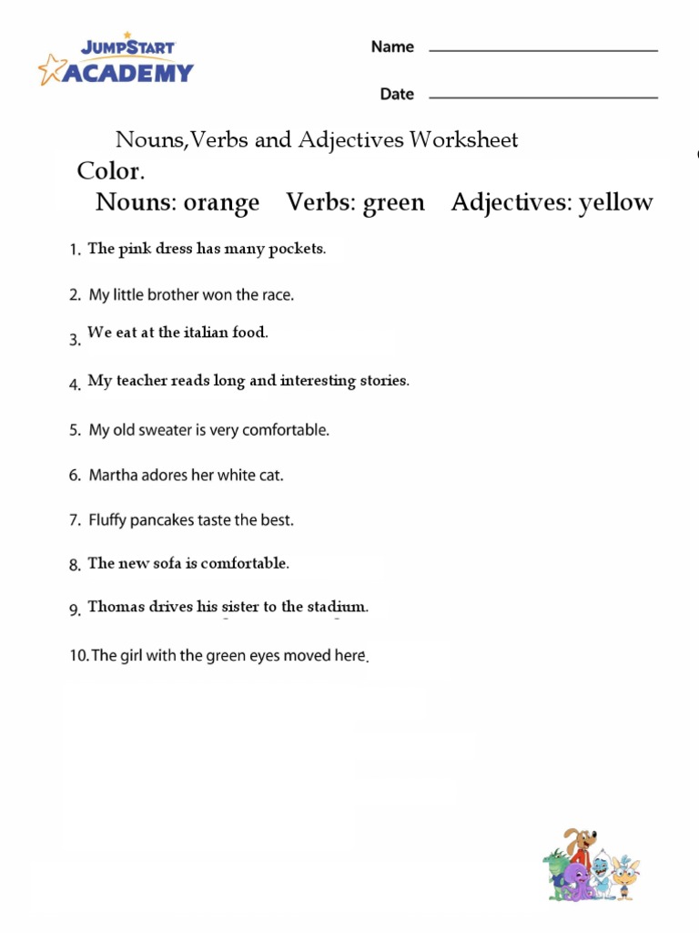 Noun-Verb-Adjective Color Coded Worksheet2 | PDF
