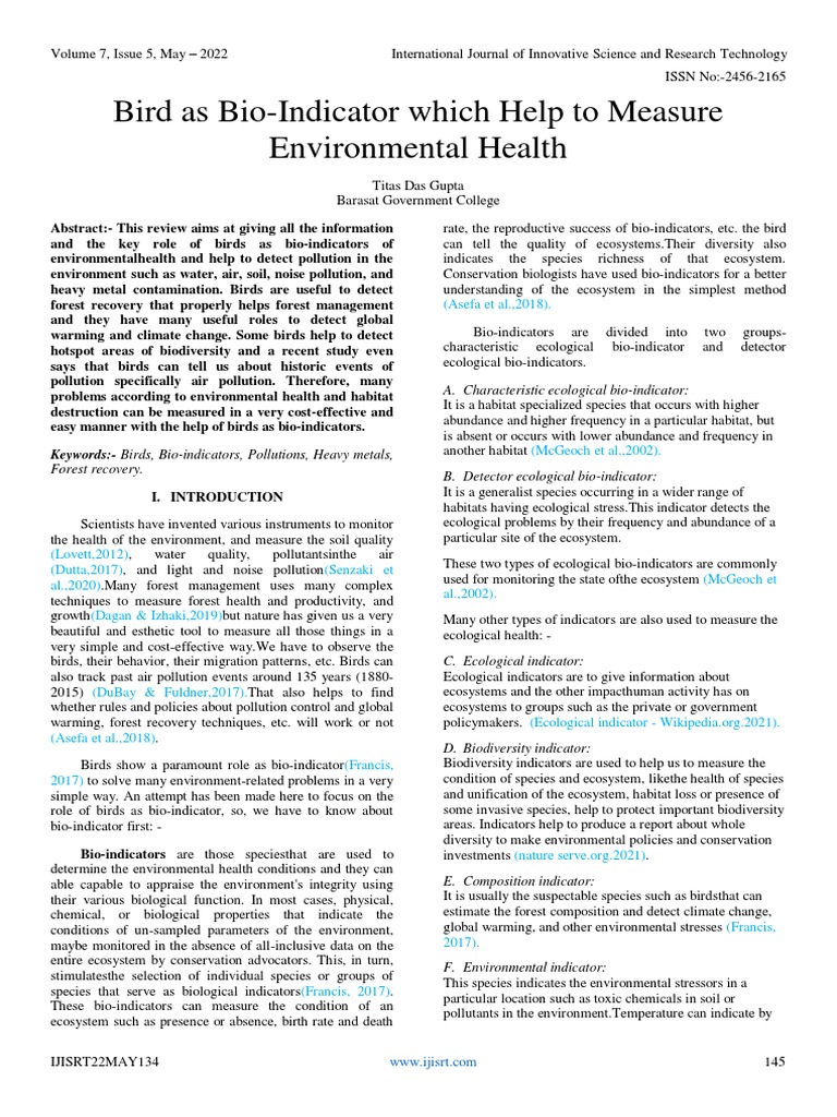 Bird As Bio-Indicator Which Help To Measure Environmental Health | PDF ...