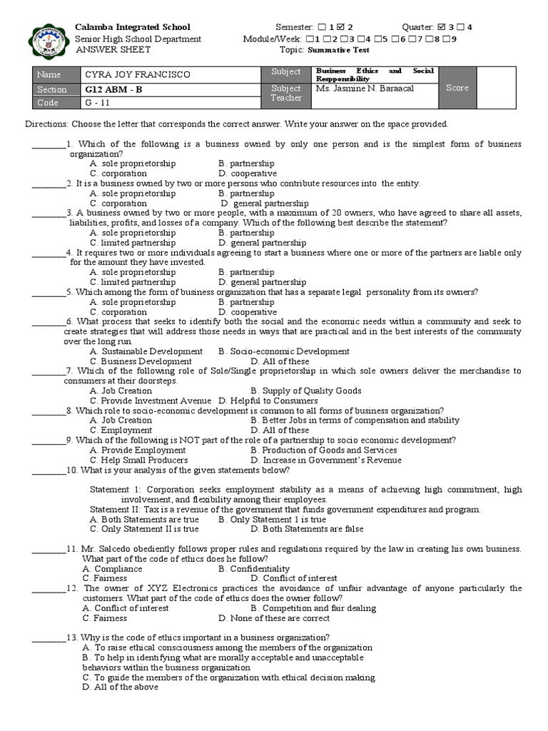 Grade 12 Business Ethics Test | PDF | Partnership | Sole Proprietorship