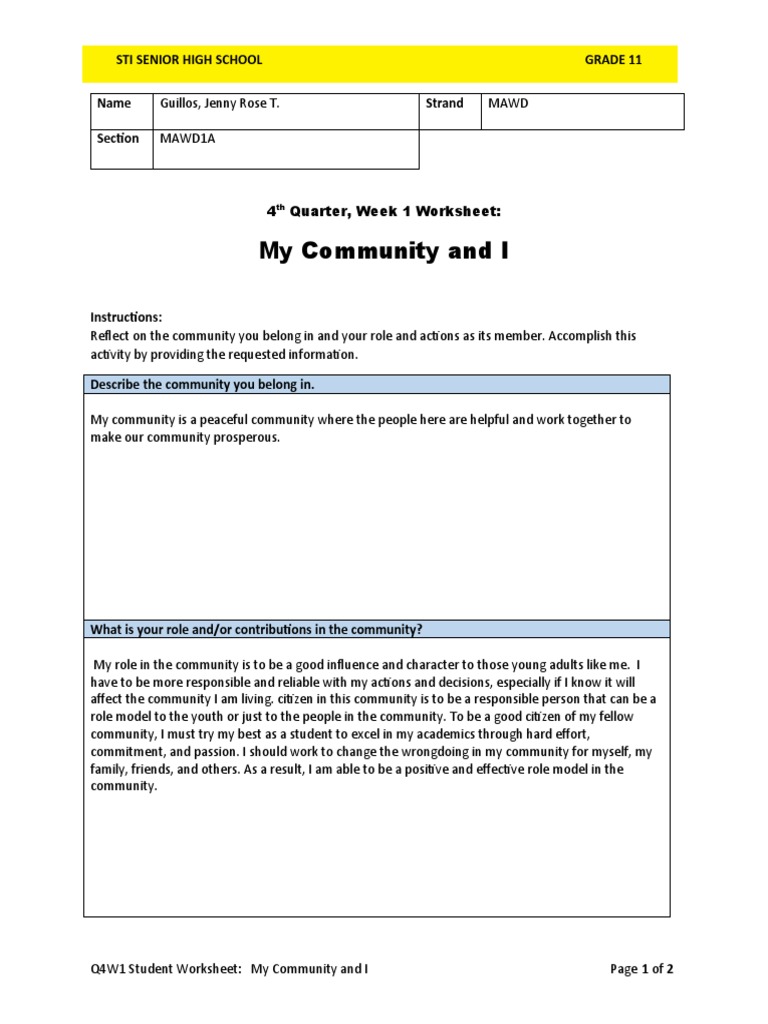 G11Q4W1 Worksheet - My Community and I | PDF | Community | Self Esteem