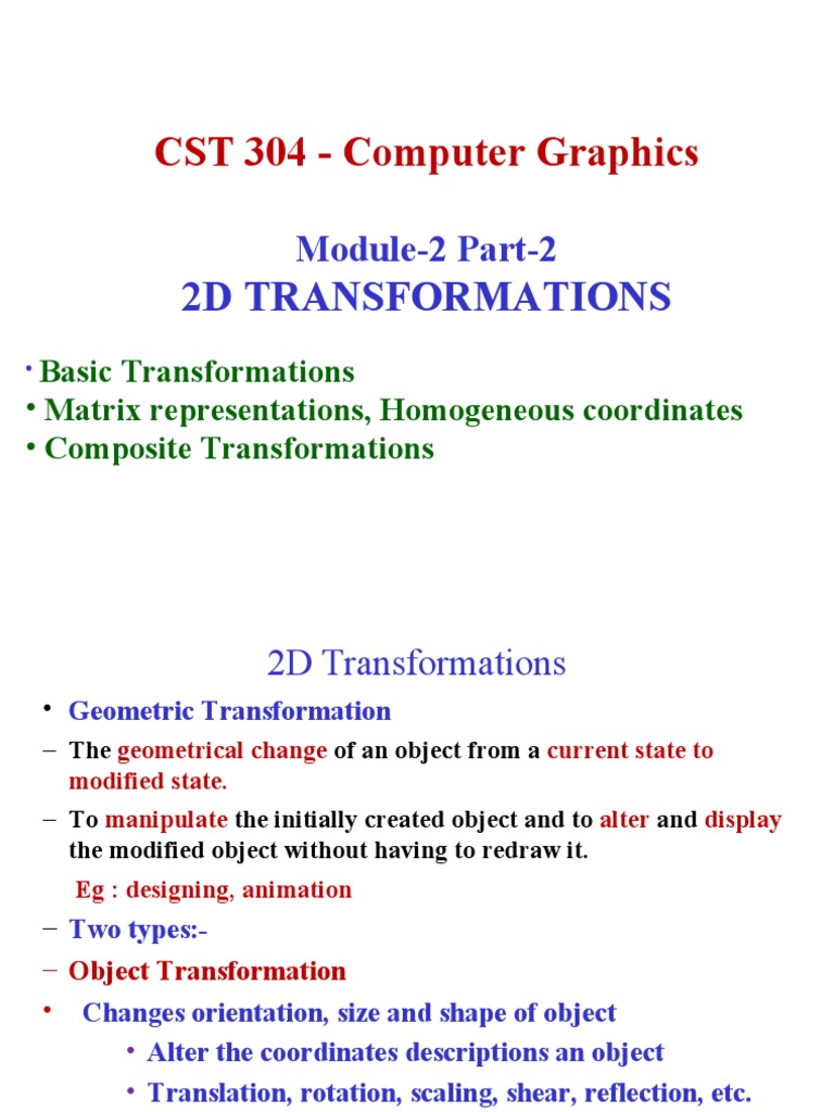 Cst 304 Computer Graphics 2d Transformations Pdf 2 D Computer Graphics Cartesian