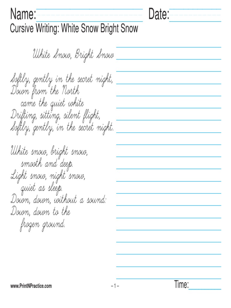 Cursive Writing White Snow Bright Snow | PDF