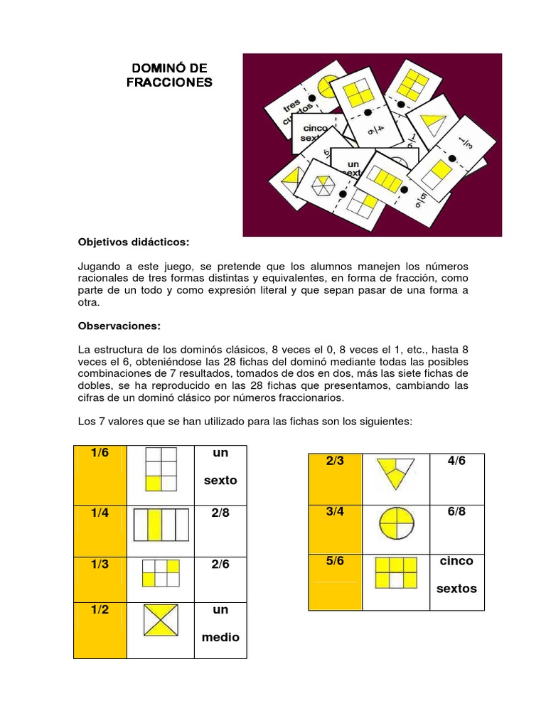Dominó Fracciones Con Expresiones Literales Profesor | PDF | Juego de azar
