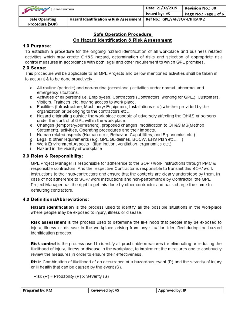 4) SOP On Hazard Identification & Risk Assessment | PDF | Risk | Risk ...