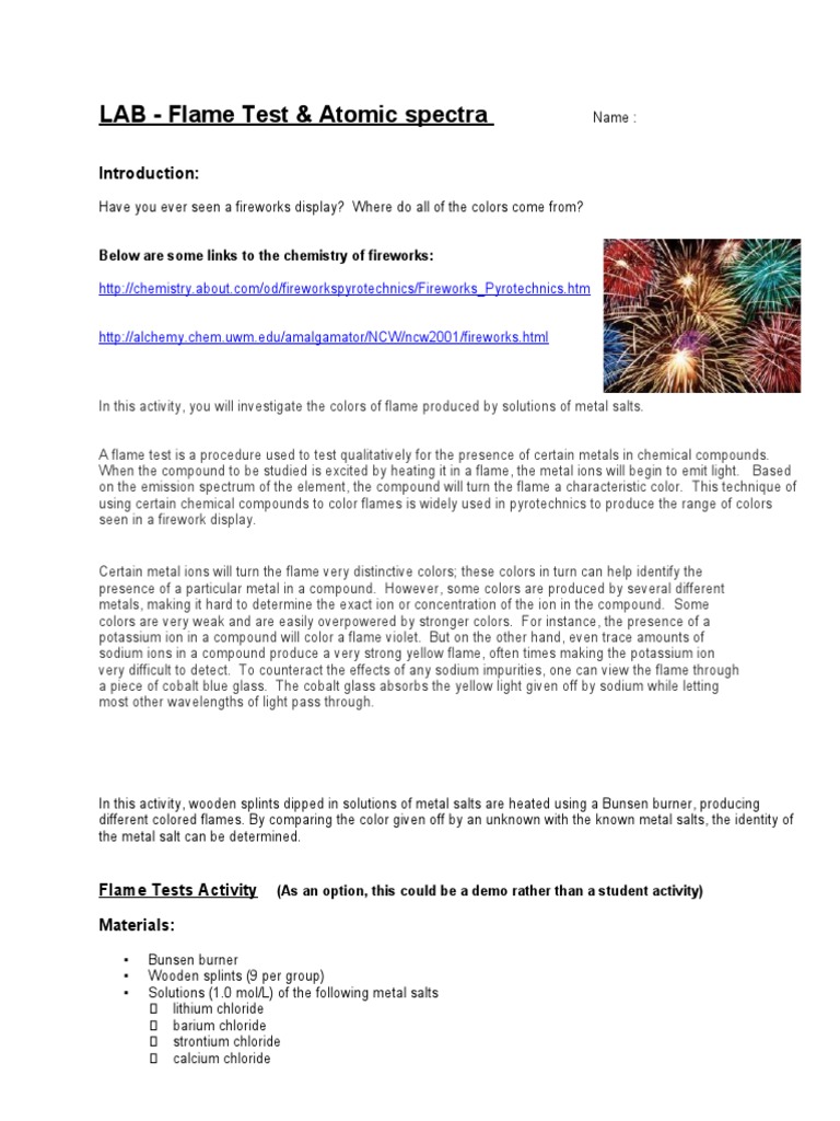Flame Test: Identifying Metal Ions | PDF | Emission Spectrum | Chemistry
