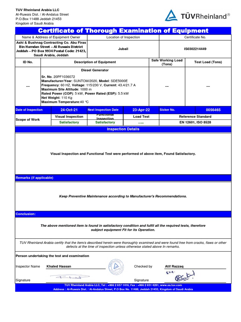 Diesel Generator Inspection Certificate | PDF | Electricity ...
