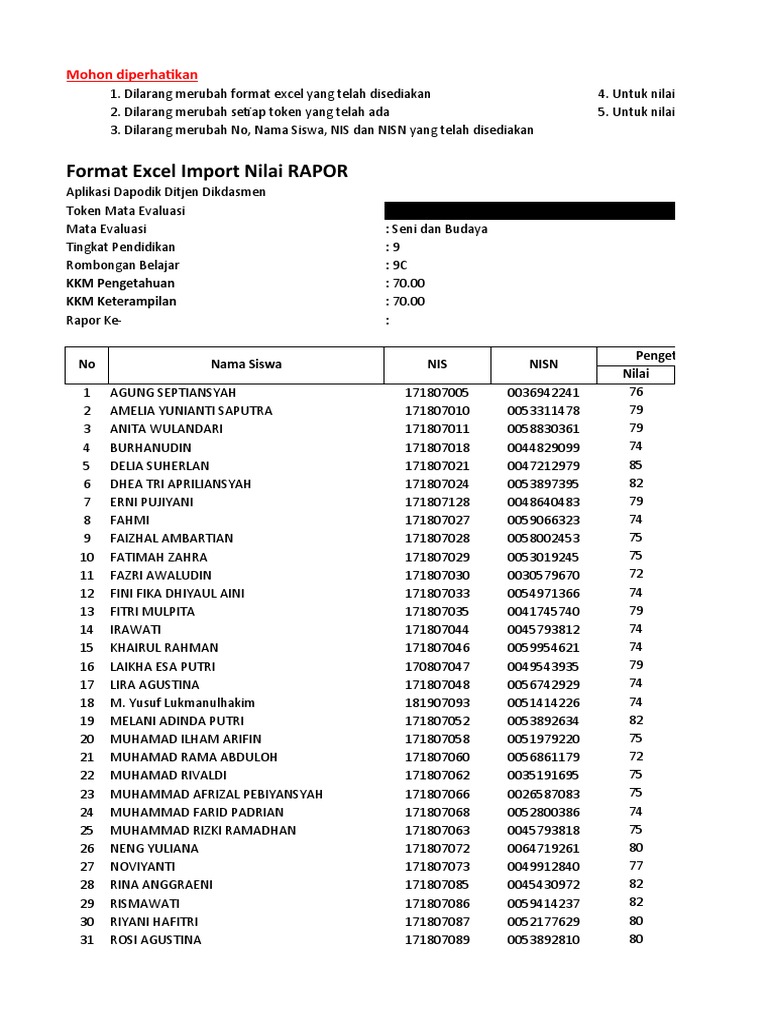 Format Excel untuk Input Nilai Raport | PDF