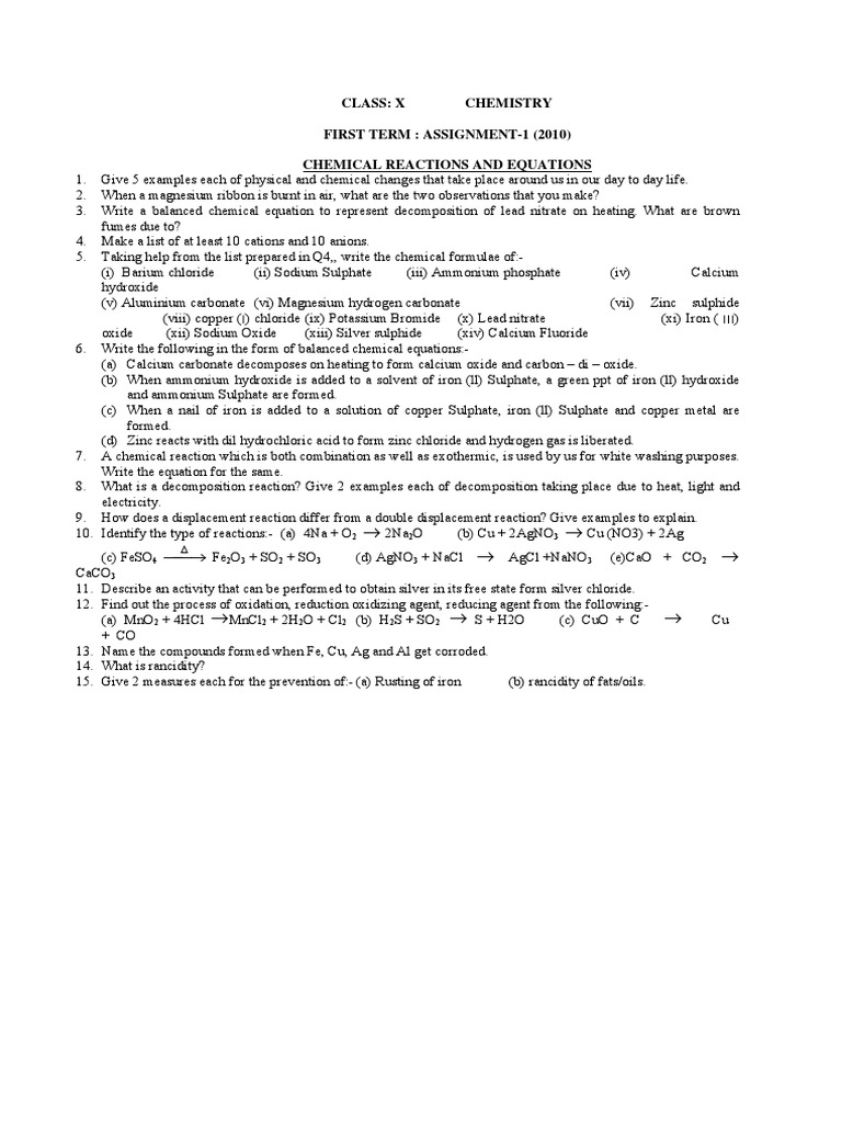 CBSE Class 10 Chemistry Worksheet | PDF | Oxide | Ammonium