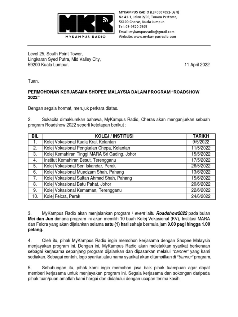 Surat Permohonan Kerjasama Bersama Shopee Malaysia | PDF