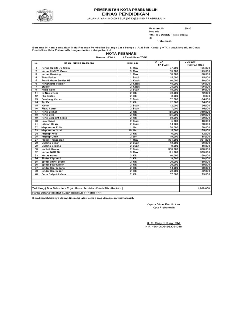 Dokumen - Tips Nota Pesanan Alat Tulis 2013 | PDF