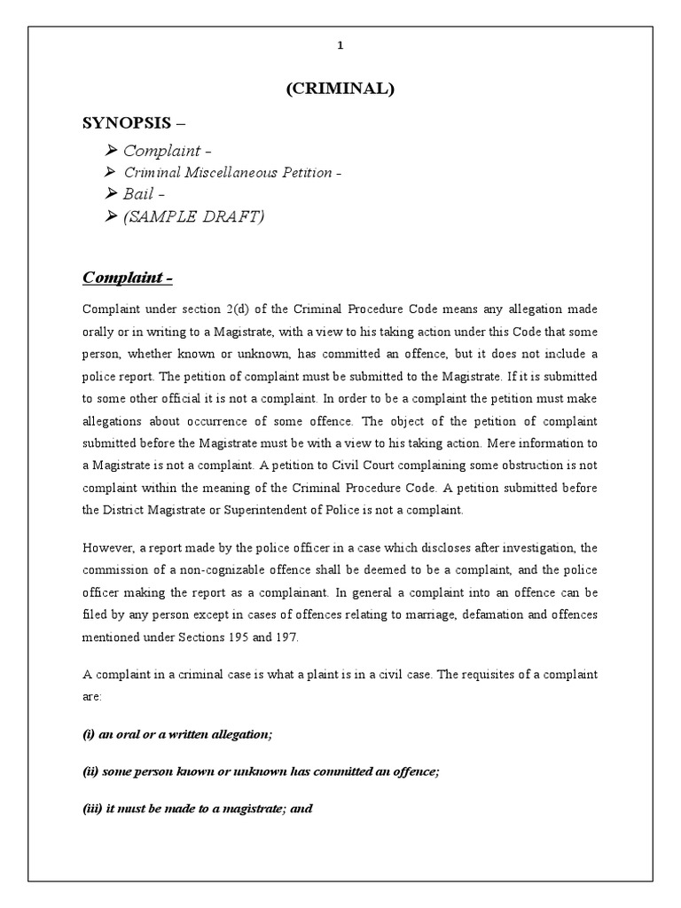 Complaint - Bail - (Sample Draft) : (Criminal) Synopsis | PDF | Bail | Arrest