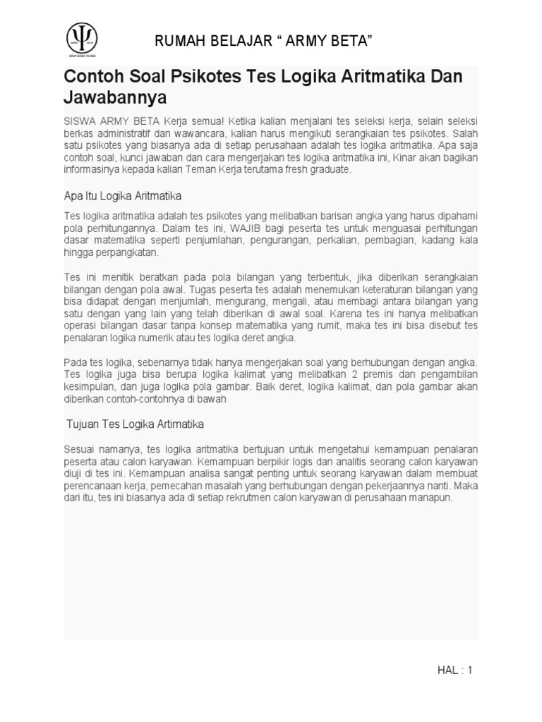 Contoh ARMY BETA Soal Psikotes Tes Logika Aritmatika Dan Jawabannya | PDF
