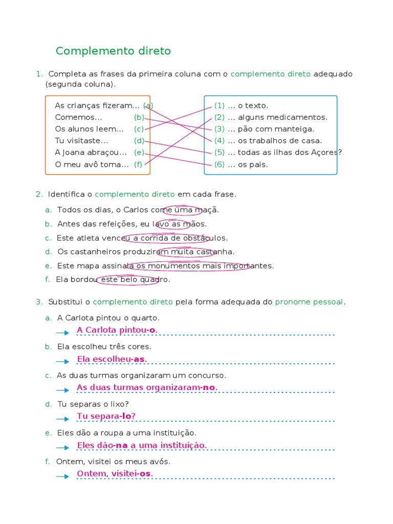 Exercícios sobre Complemento Direto | PDF