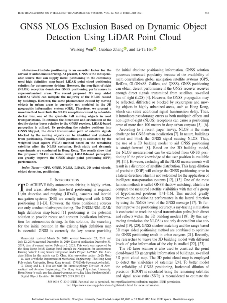 Gnss Nlos Exclusion Based On Dynamic Object Detection Using Lidar Point Cloud Pdf Lidar