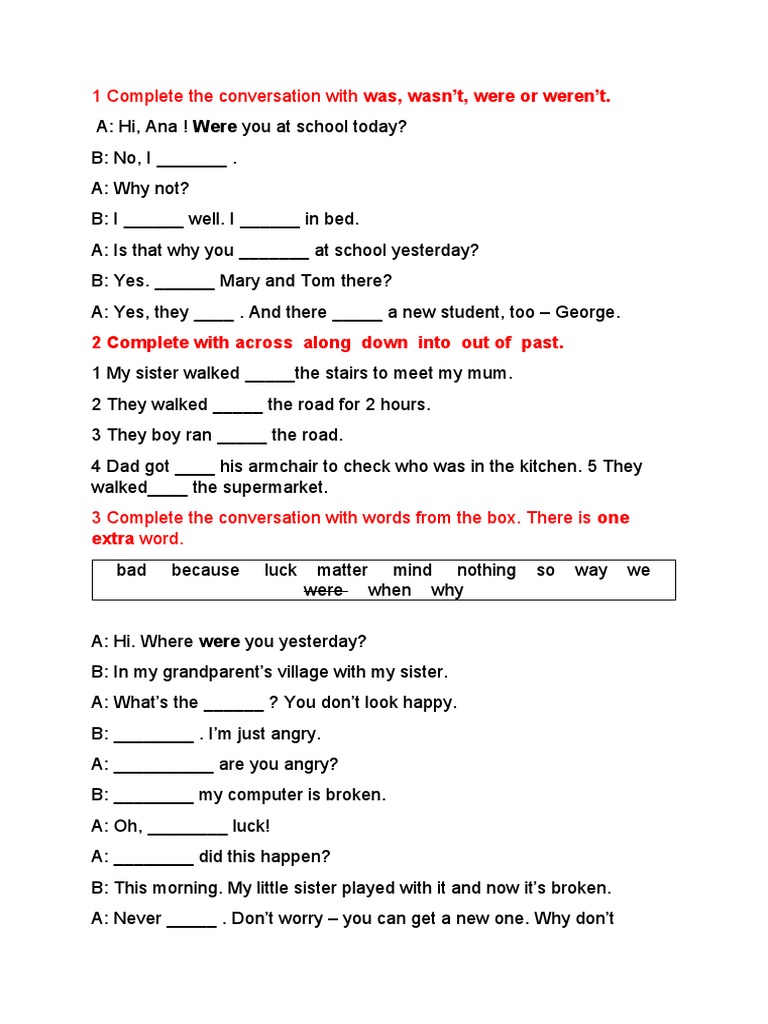 Complete The Conversation With Was - Were.weren't.wasn't | PDF