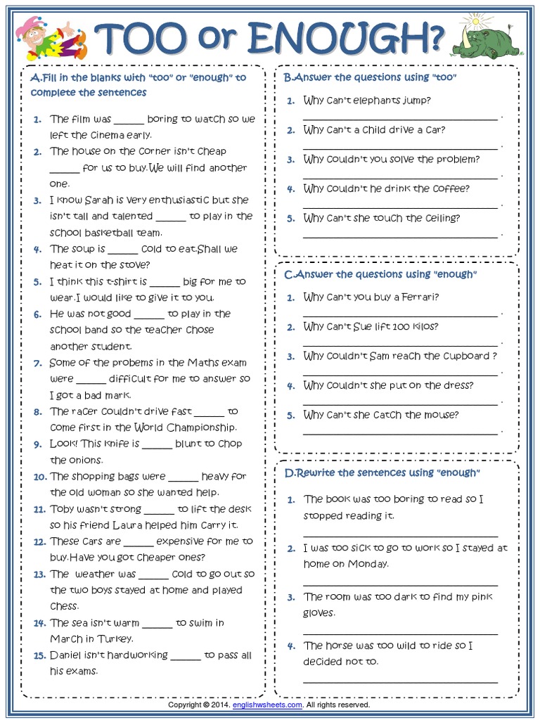 Too or Enough Esl Grammar Exercises Worksheet | PDF