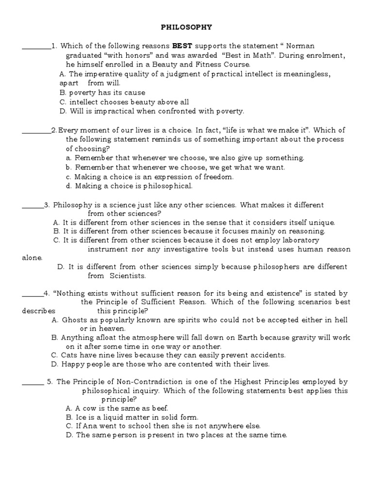 Philosophy Sample Questions | PDF | Reason | Science