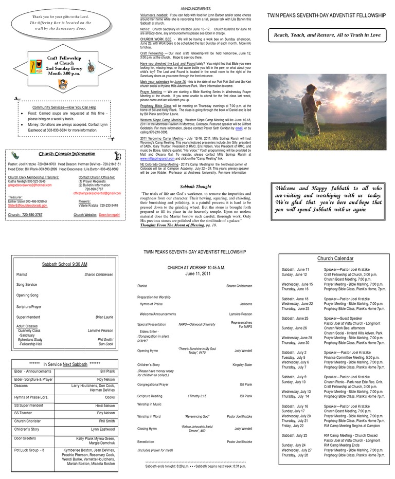 Bulletin For June 11, 2011 | PDF | Shabbat | Seventh Day Adventist Church