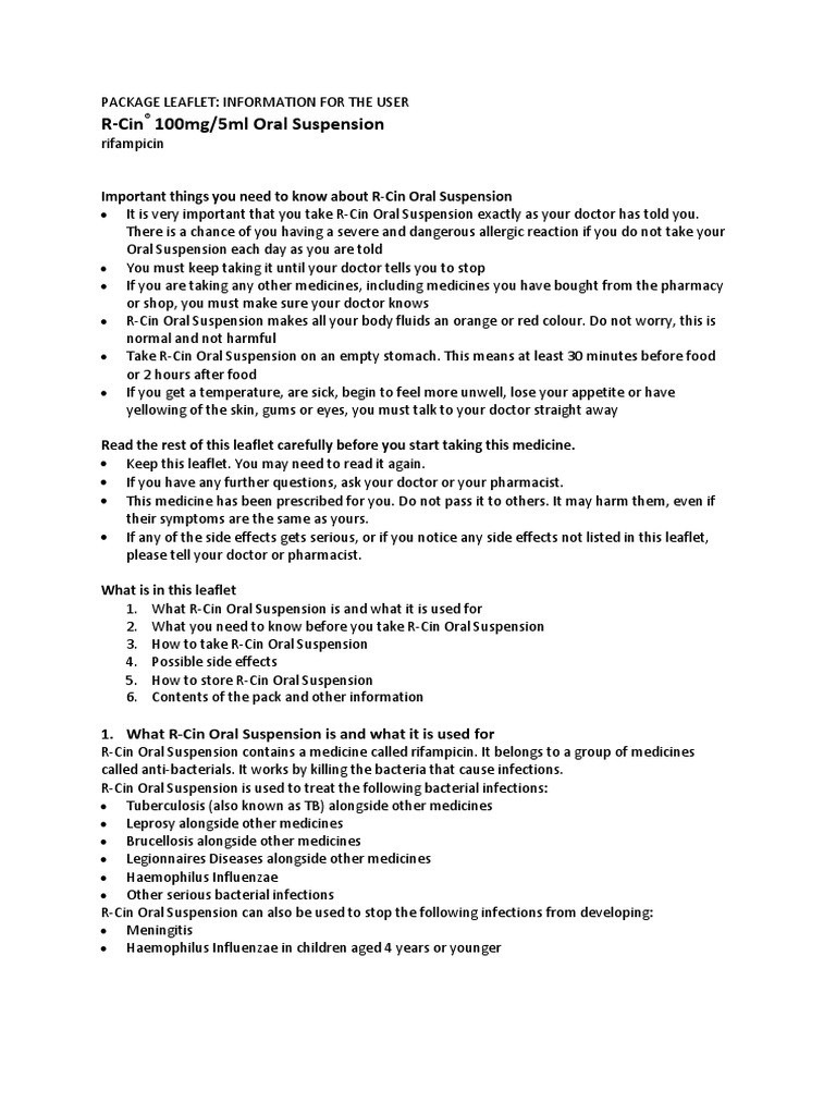 R-Cin Suspension Leaflet | PDF | Dose (Biochemistry) | Chemistry