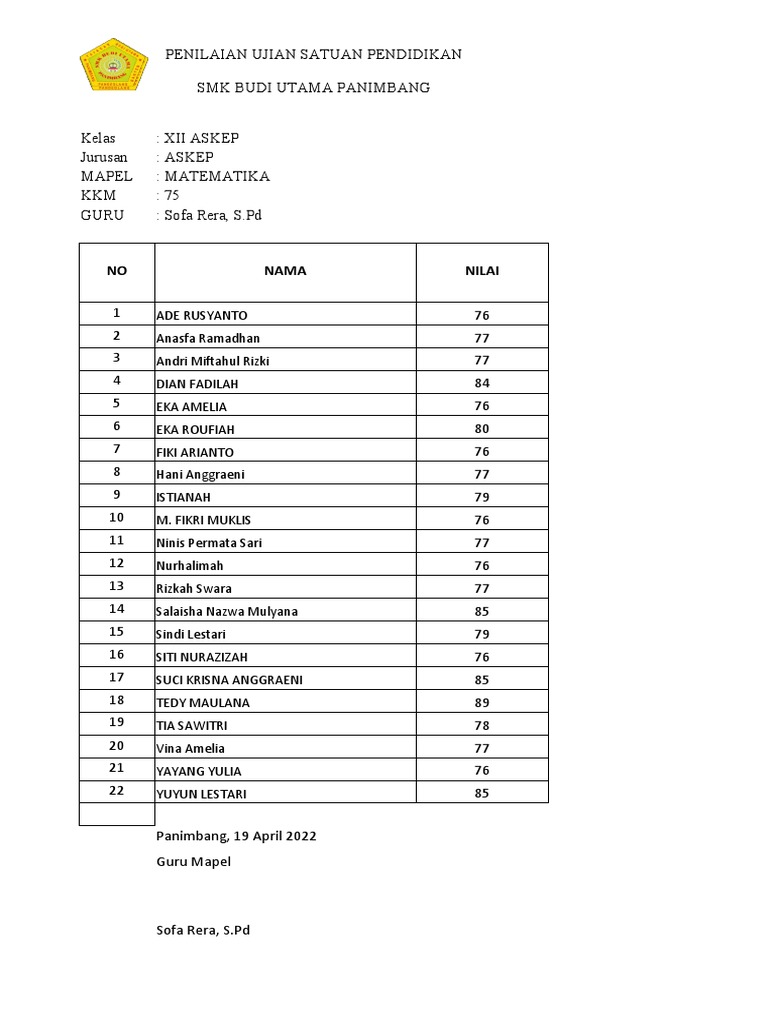 Nilai Usp MTK 12 | PDF