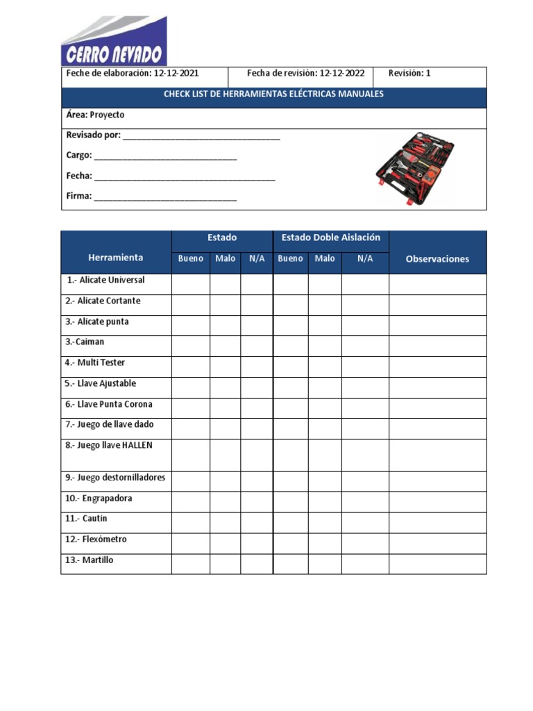 Check List de Herramientas Manuales Rev 1 | PDF