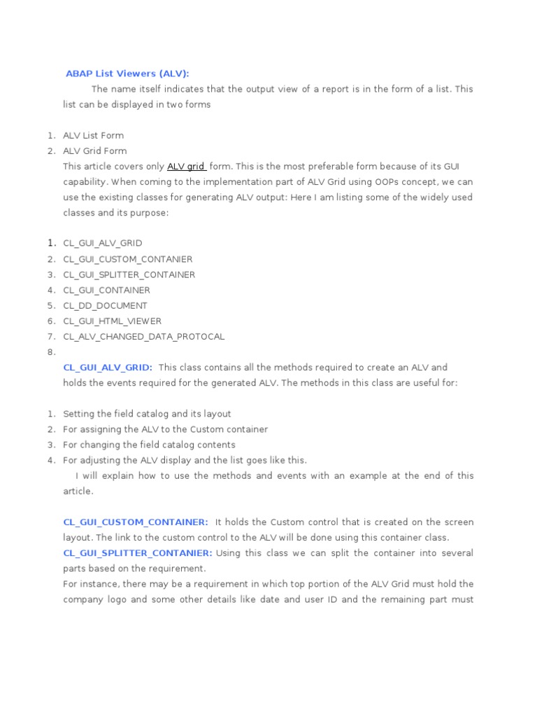 ABAP ALV Grid Implementation Guide | PDF | Method (Computer Programming) | Object (Computer Science)
