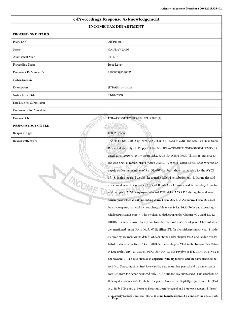 E-Proceedings Response Acknowledgement: Income Tax Department | PDF ...