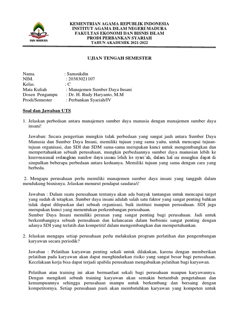 UTS Manajemen Sumber Daya Insani 2021 | PDF | Karier & Perkembangan