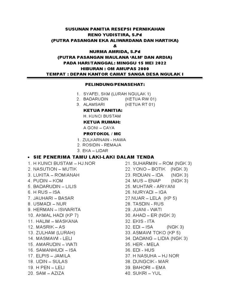 Susunan Panitia Resepsi Pernikahan | PDF