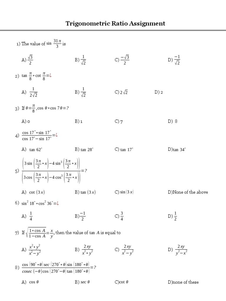 Trigonometry Assignment | PDF | Trigonometric Functions | Sine