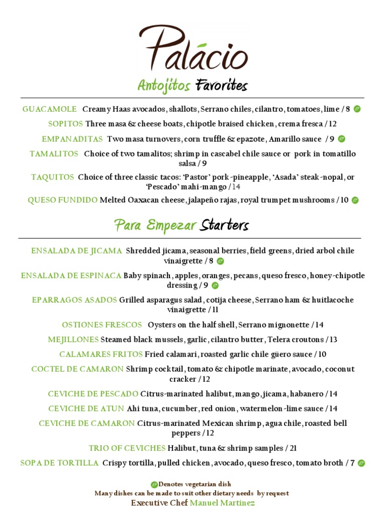 Palacio Dinner Food Menu 0610 | PDF | North American Cuisine | Food And ...