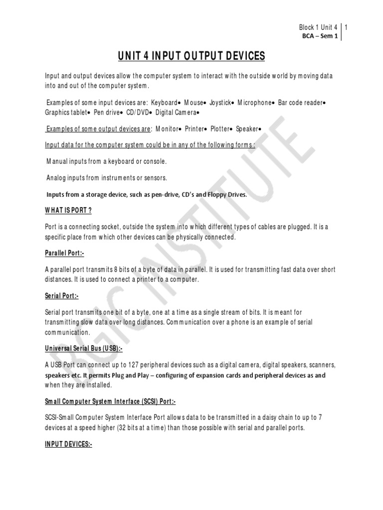 Unit 4 Input Output Devices: BCA - Sem 1 | PDF | Printer (Computing ...