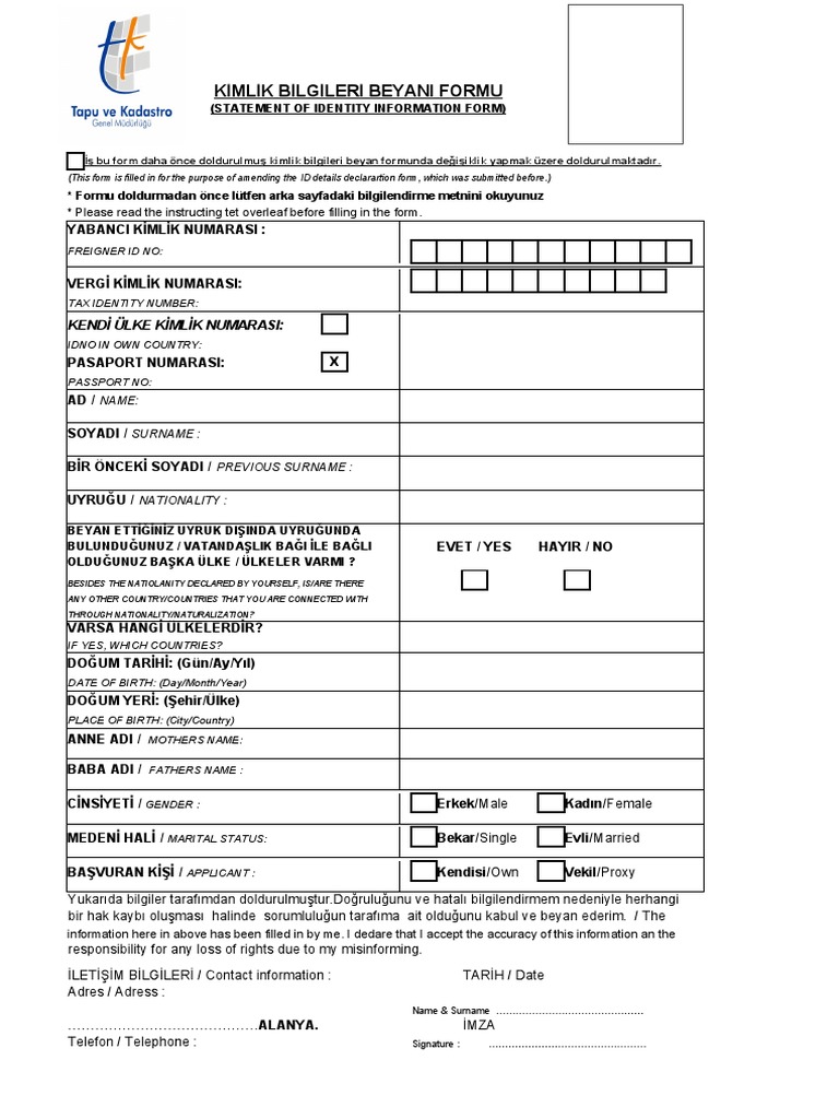 Kimlik Bilgileri Beyani Formu: Kendi Ülke Kimlik Numarasi | PDF