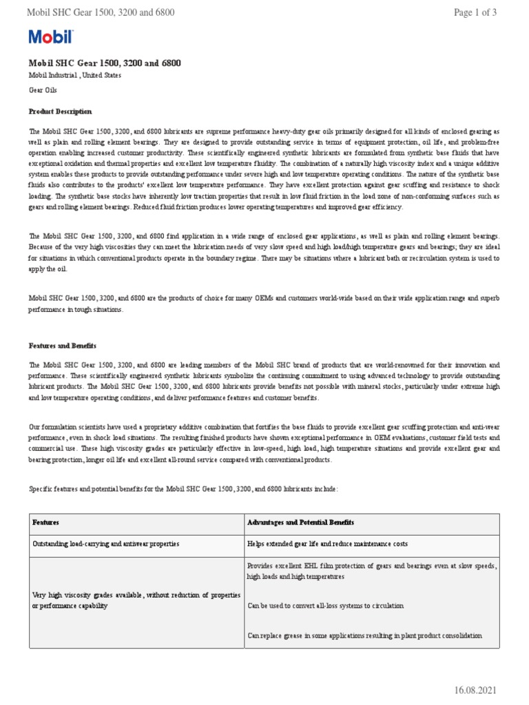 Mobil SHC Gear 1500, 3200 and 6800: Product Description | PDF ...