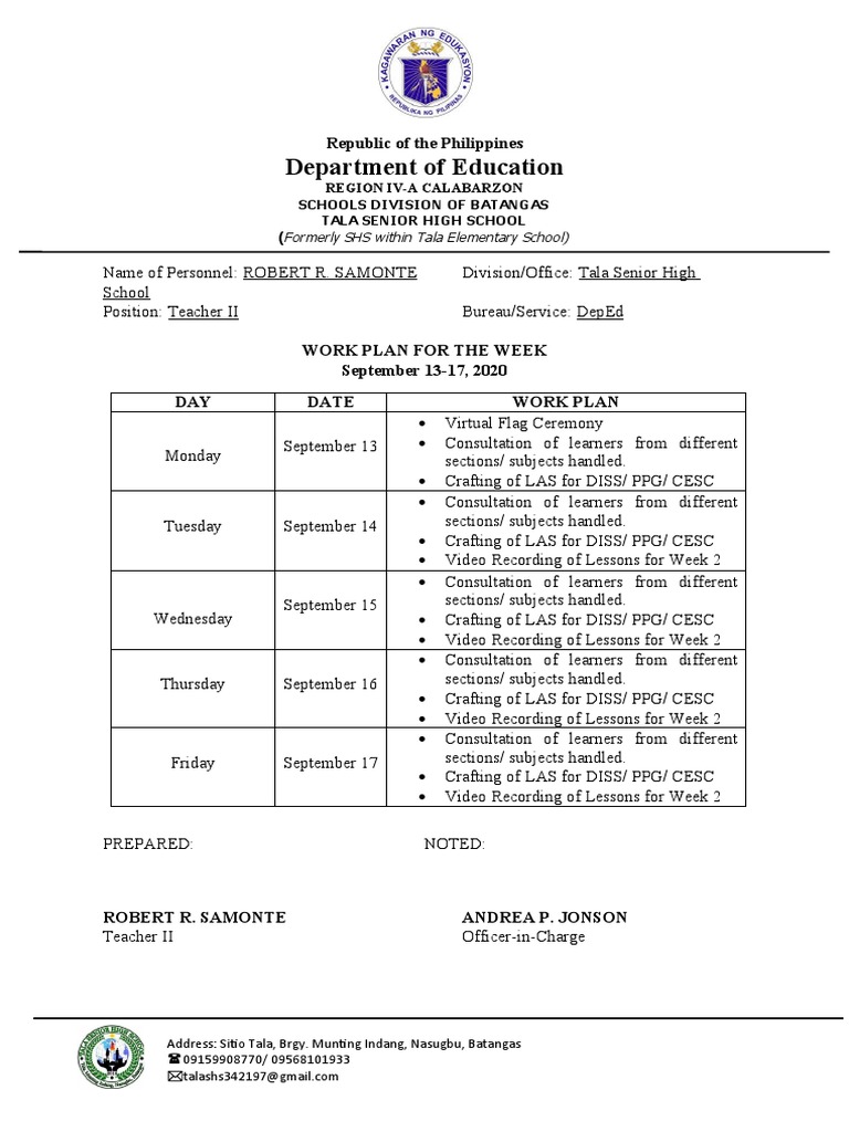 Work Week Plan | PDF | Philippines | Social Institutions