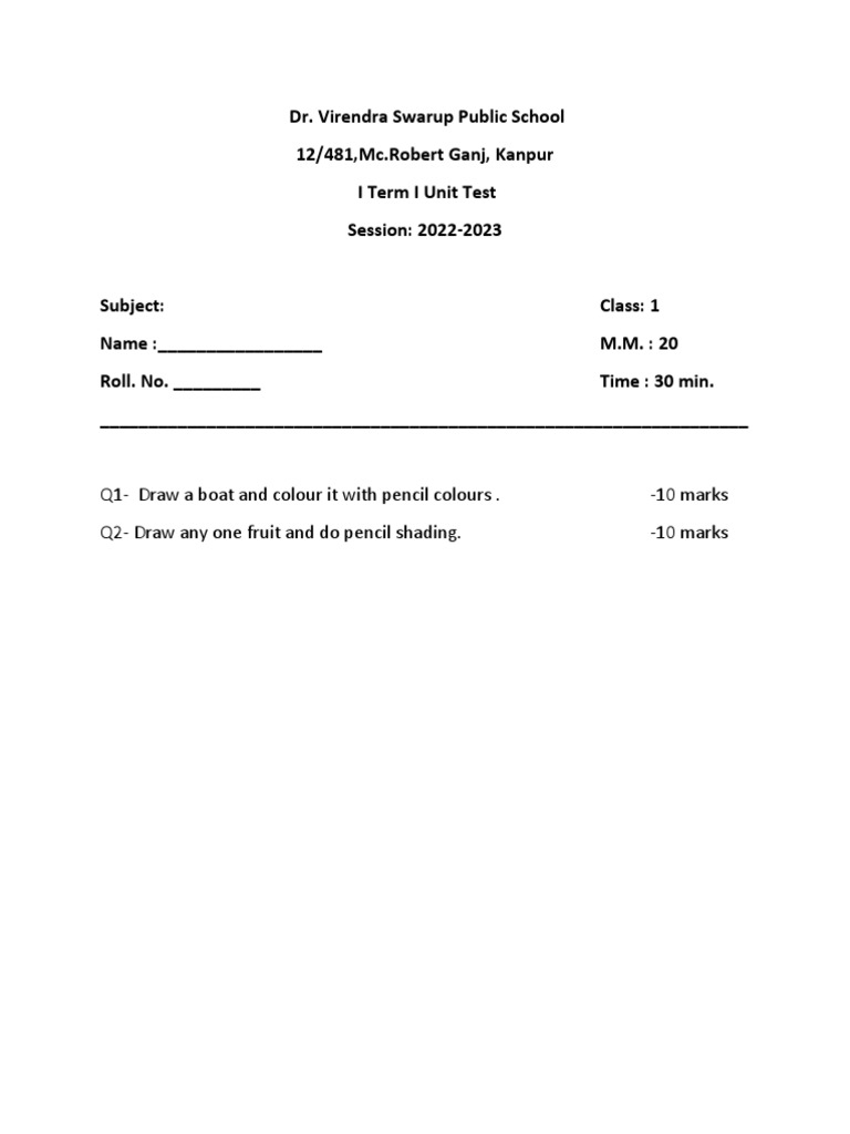 Class 1 Drawing Exam Paper PDF | PDF | Career & Growth