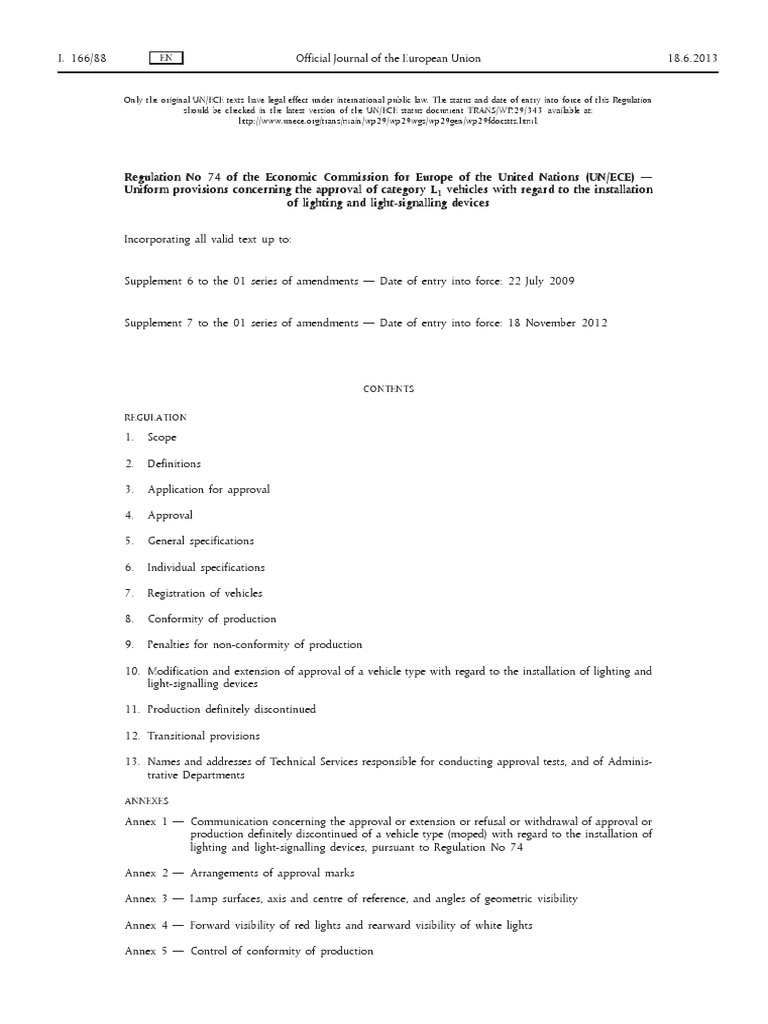 UNECE Regulation No.74 | PDF | Headlamp | Lighting