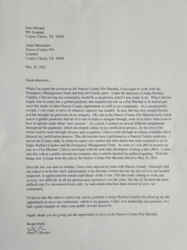 Nueces County Fire Marshal Resignation Letter | PDF