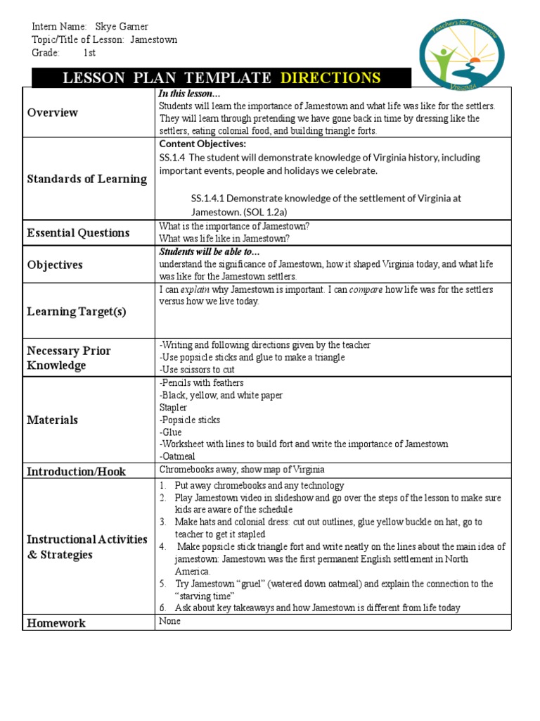 Jamestown Lesson Plan | PDF | Lesson Plan | Jamestown, Virginia