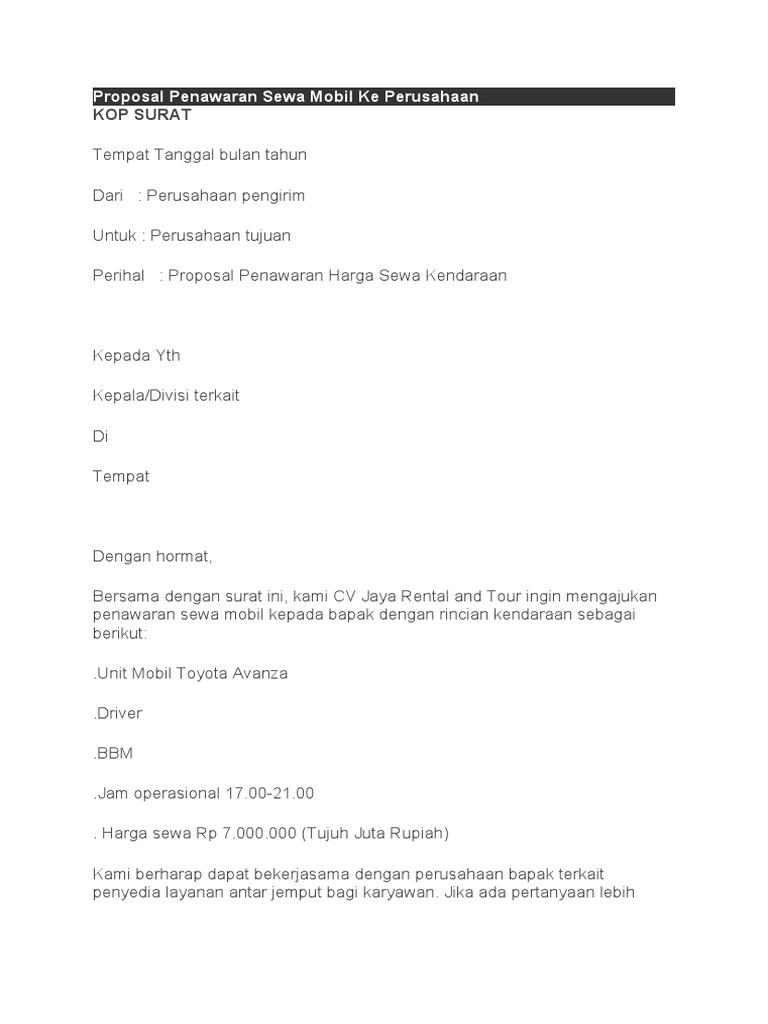 Proposal Penawaran Sewa Mobil Ke Perusahaan | PDF