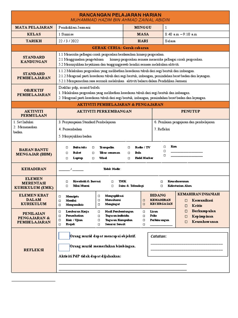 RPH PJ Tahun 1 | PDF