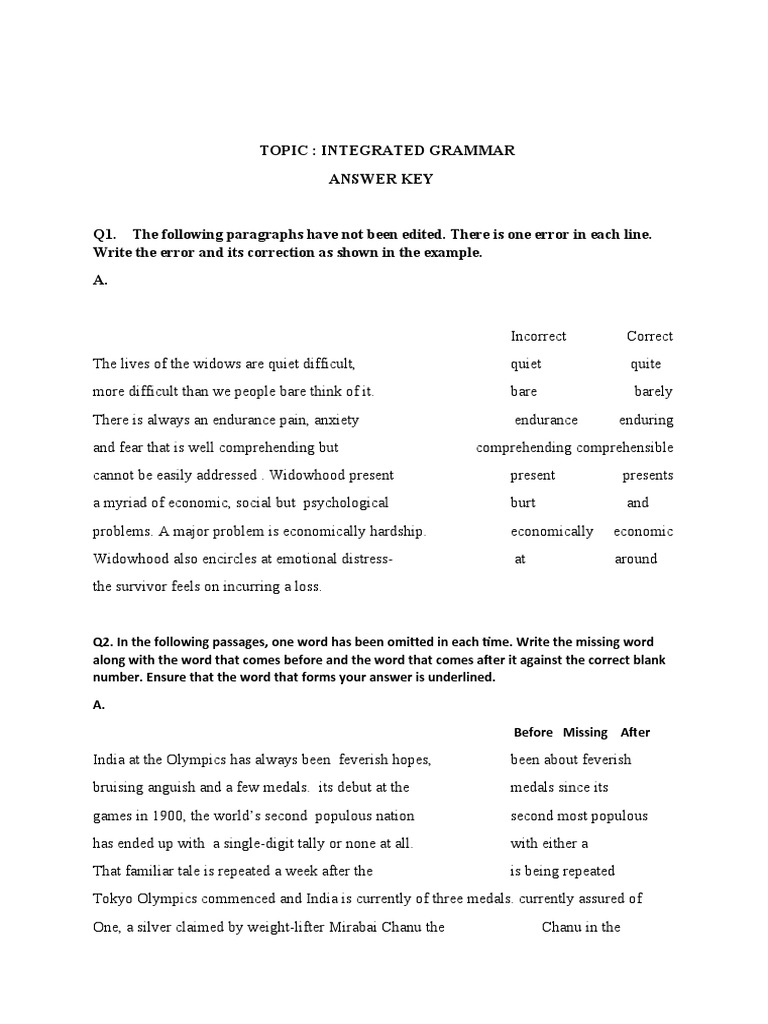 Answer Key Integrated Grammar Worksheet | PDF