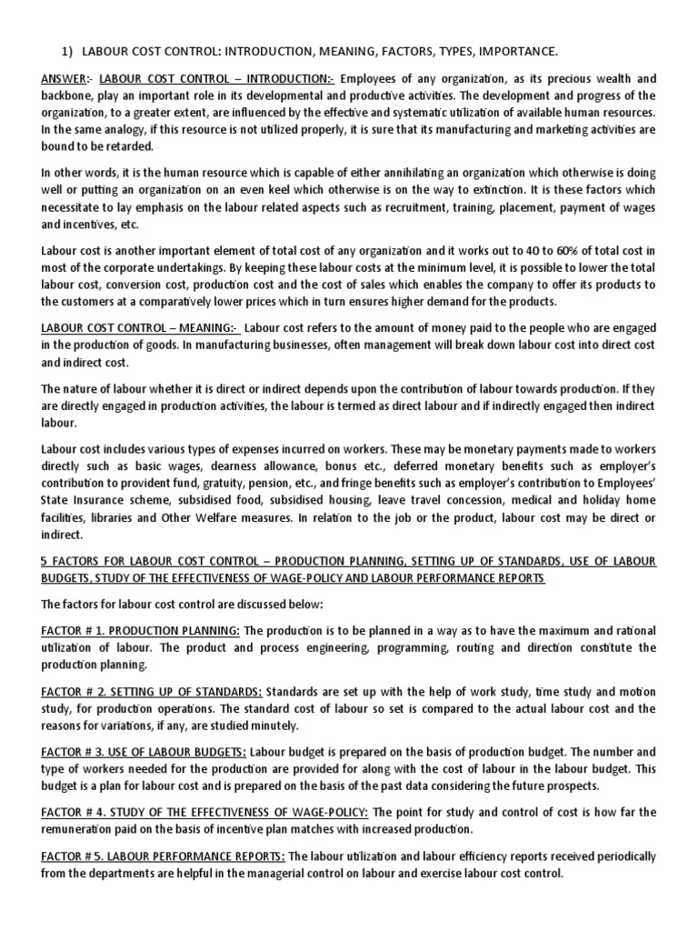 1) Labour Cost Control: Introduction, Meaning, Factors, Types ...