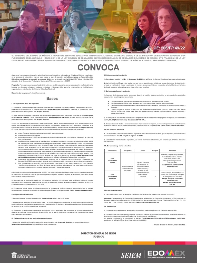 Convocatoria para Ingresar A La Lic. en Administración Educativa en La UPN 151 Toluca | PDF | México