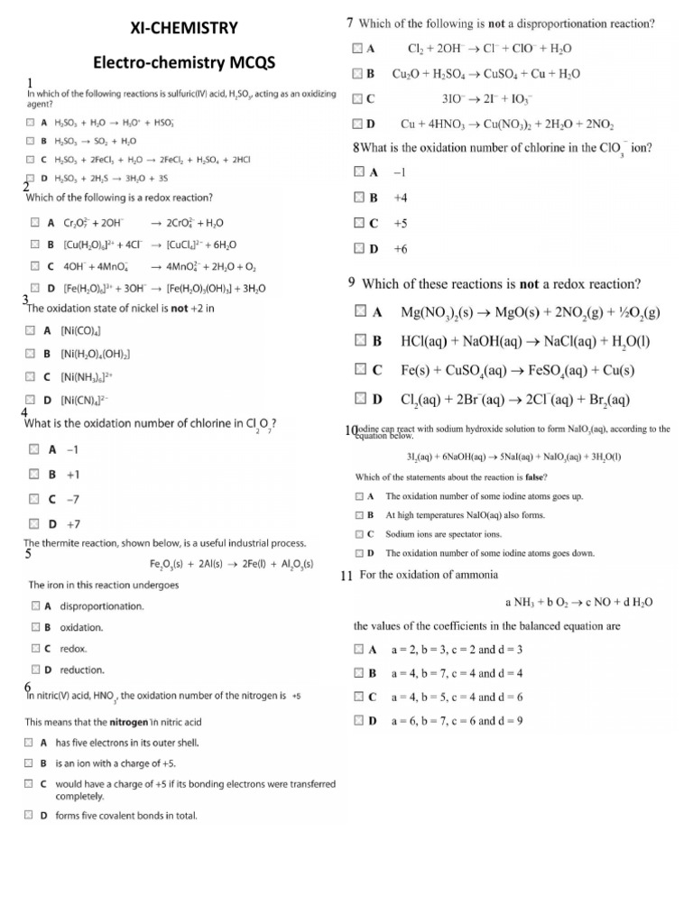 ELECTRO-chemistry MCQS Worksheet | PDF