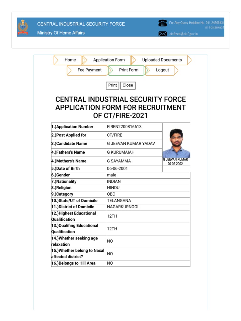 CISF CT/FIRE 2021 Application Form | PDF | Justice | Crime & Violence