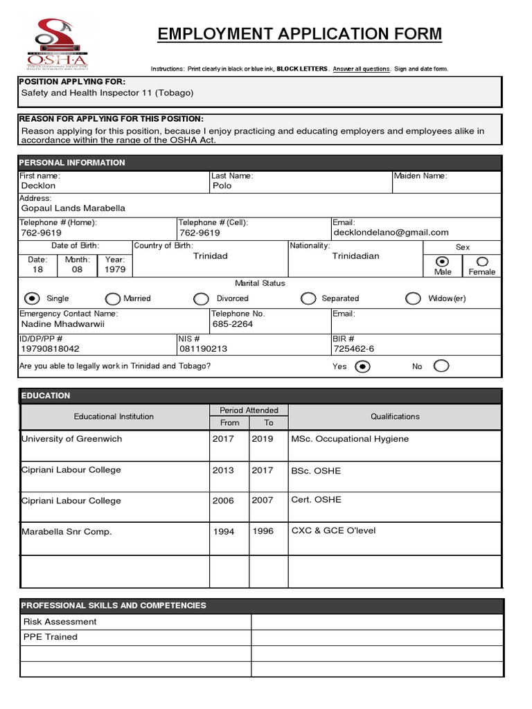OSHA Employment Application Form (2) 2 - Copy - Completed | PDF ...