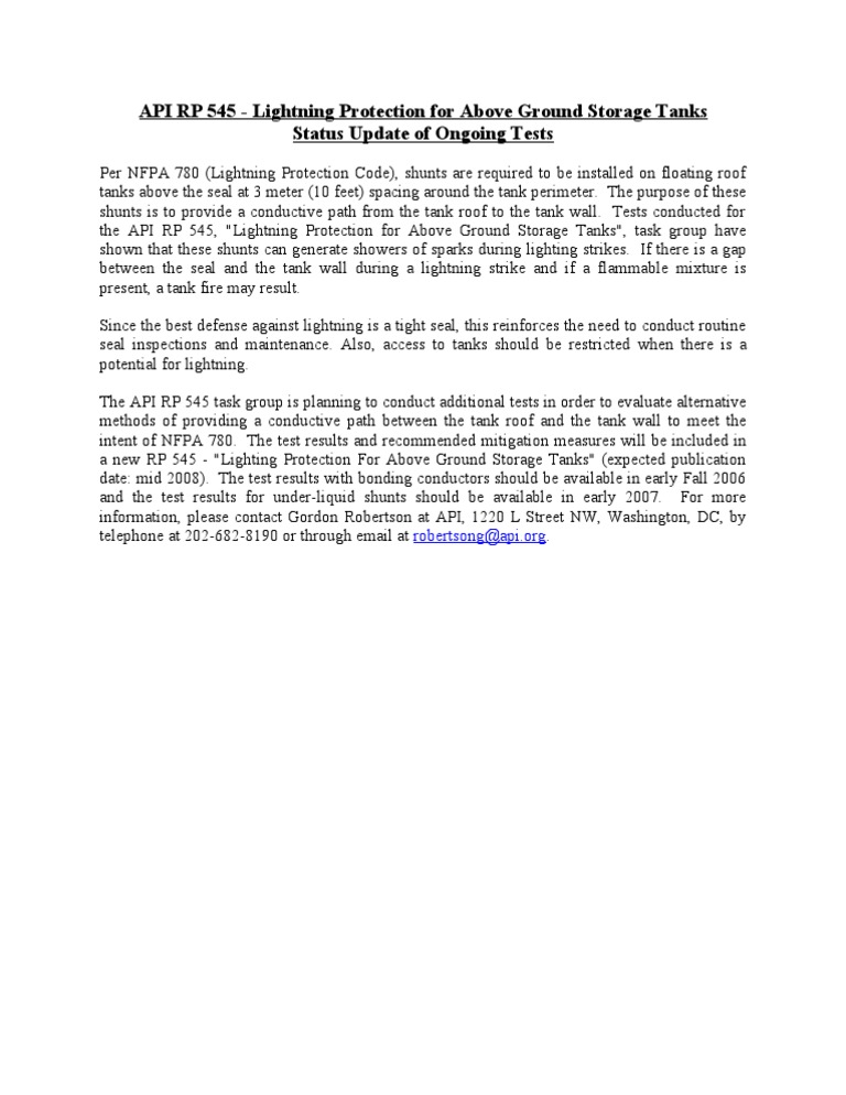 API RP 545 Lightning Protection For Above Ground Storage Tanks | PDF ...