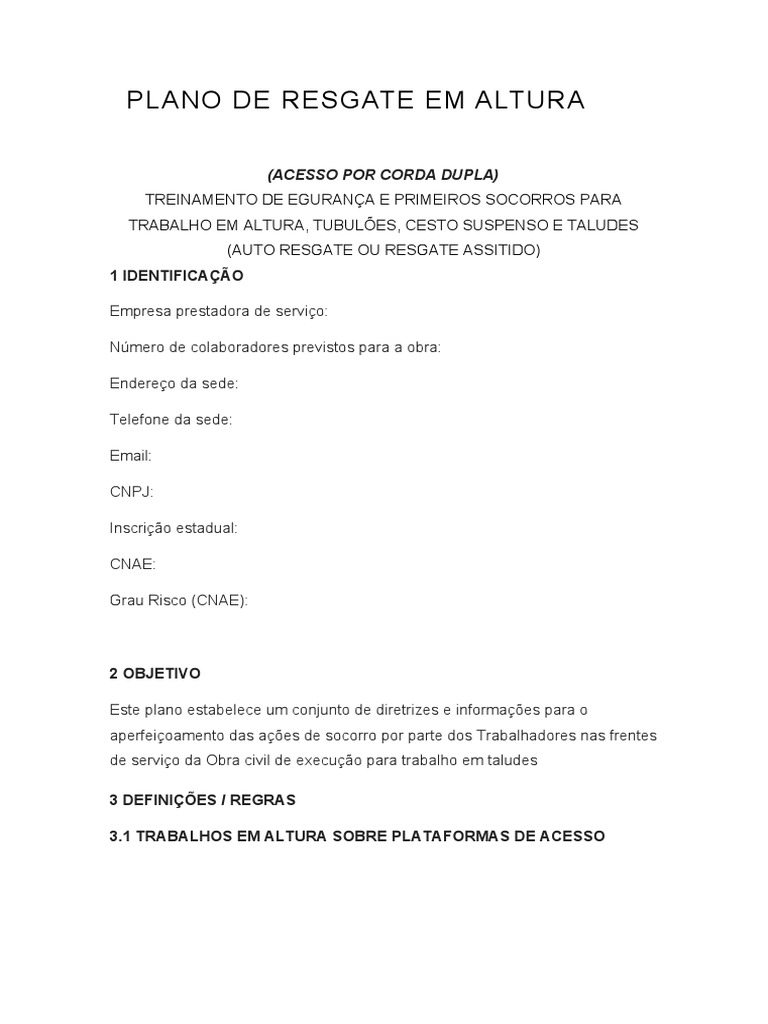 Plano de Resgate em Altura Corda Dupla | PDF | Resgate | Primeiros socorros