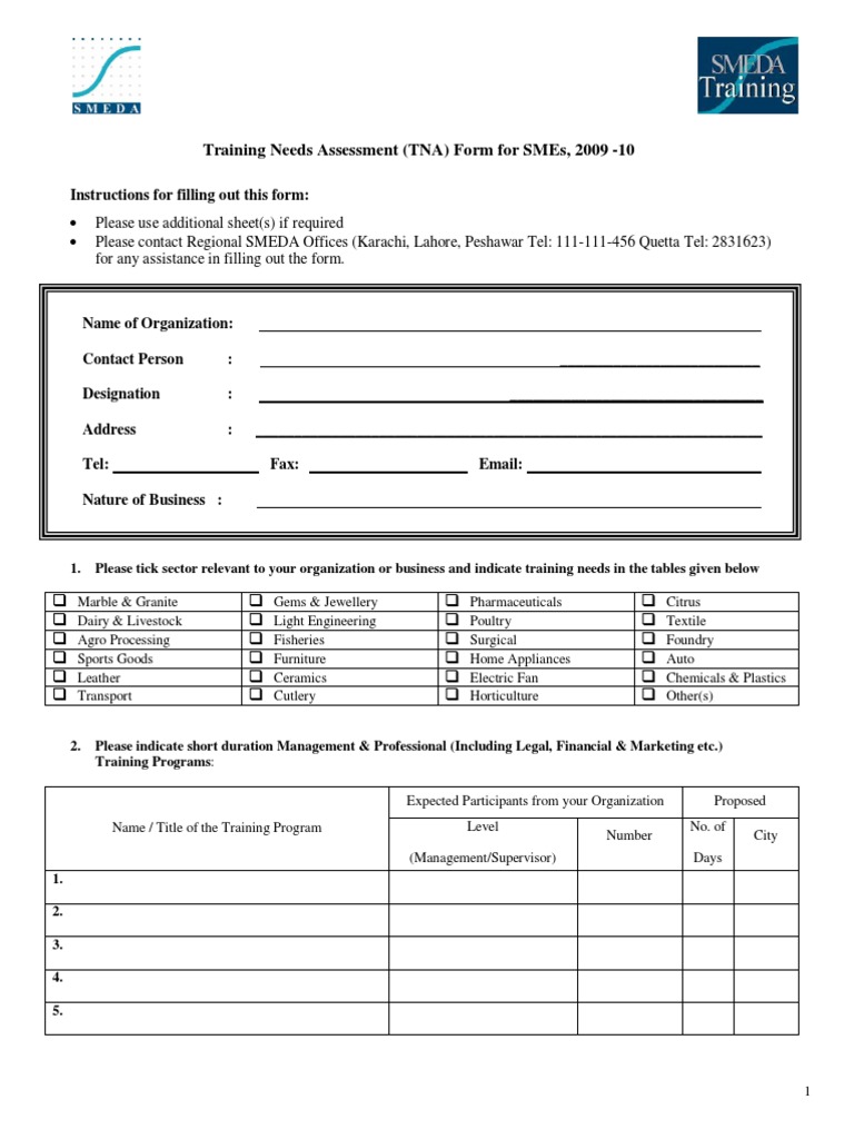 Training Needs Assessment (Tna) Form For Smes, 2009 - 10 | PDF